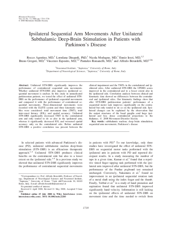 (PDF) Ipsilateral sequential arm movements after unilateral subthalamic ...