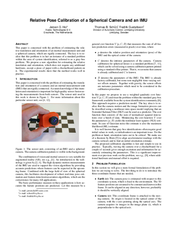 Pdf Relative Pose Calibration Of A Spherical Camera And An Imu