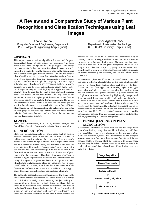 (PDF) A Review and a Comparative Study of Various Plant Recognition and Classification ...