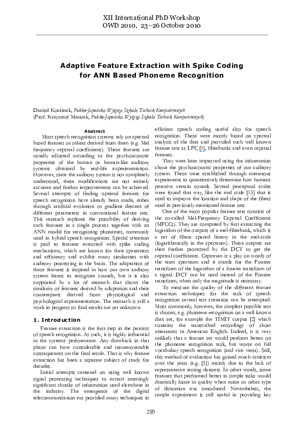 (PDF) Adaptive Feature Extraction with Spike Coding for ANN Based Phoneme Recognition