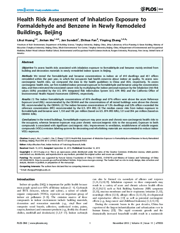 (PDF) Health Risk Assessment of Inhalation Exposure to Formaldehyde and ...