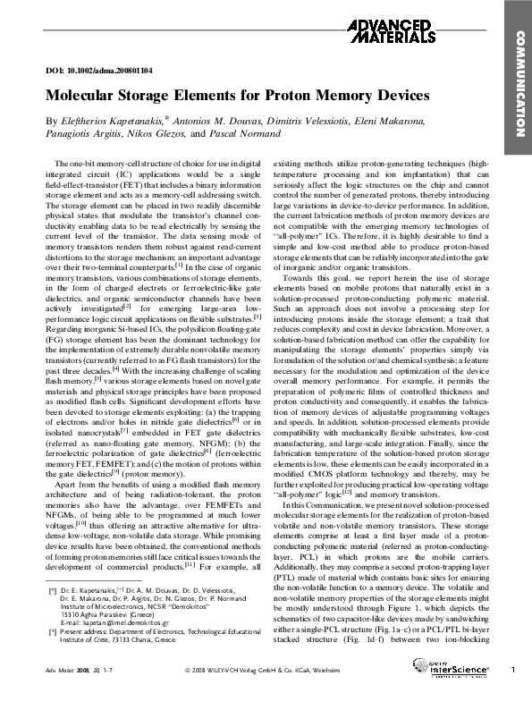 (PDF) Molecular Storage Elements for Proton Memory Devices