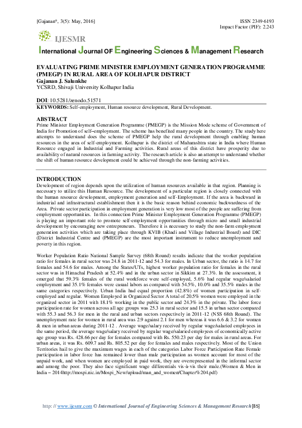 (PDF) EVALUATING PRIME MINISTER EMPLOYMENT GENERATION PROGRAMME (PMEGP ...