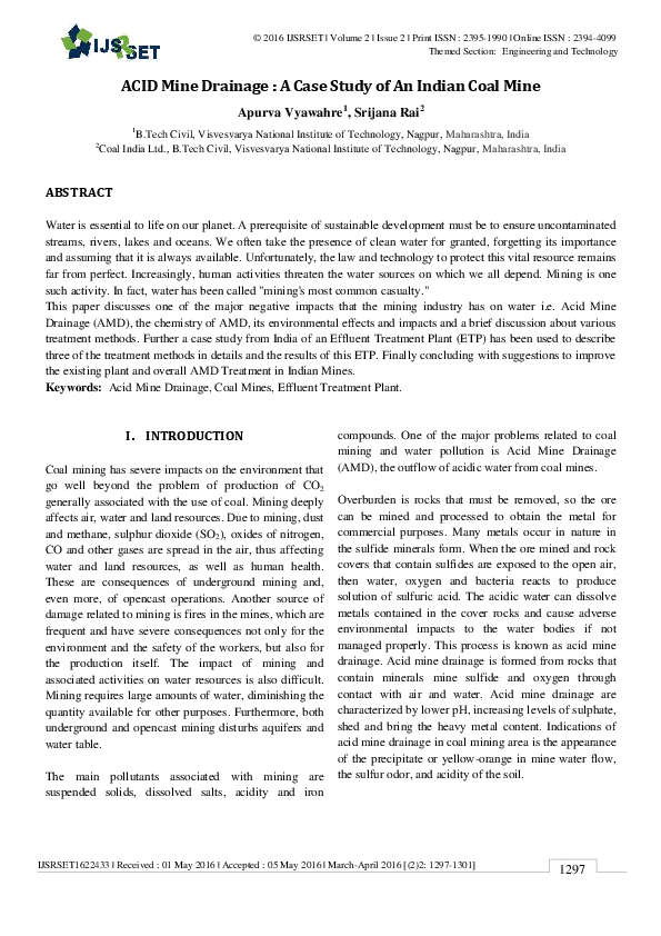 (PDF) ACID Mine Drainage : A Case Study of An Indian Coal Mine
