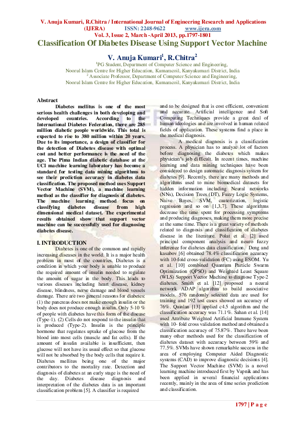 Pdf Classification Of Diabetes Disease Using Support Vector Machine