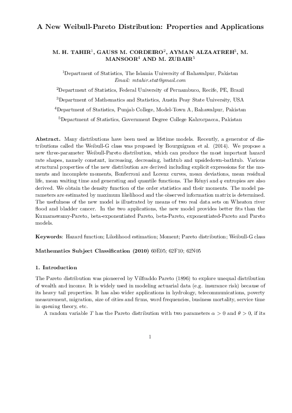 Pdf A New Weibull Pareto Distribution Properties And Applications