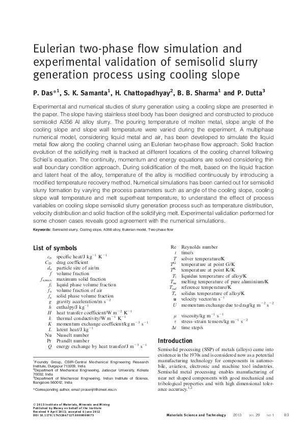 Pdf Eulerian Two Phase Flow Simulation And Experimental Validation Of