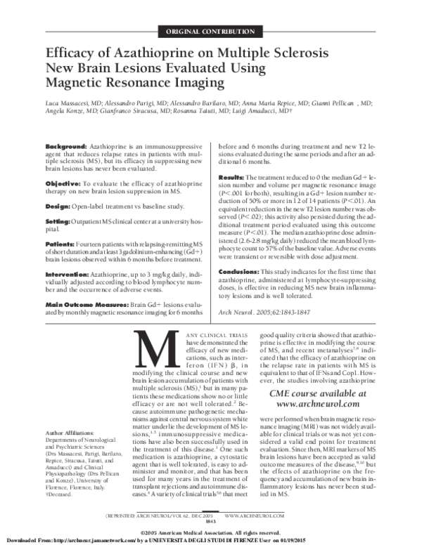 (PDF) Efficacy of Azathioprine on Multiple Sclerosis New Brain Lesions ...