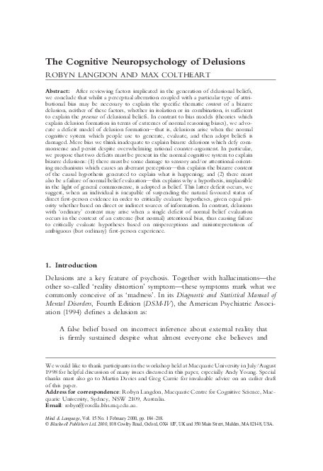 (PDF) The Cognitive Neuropsychology of Delusions