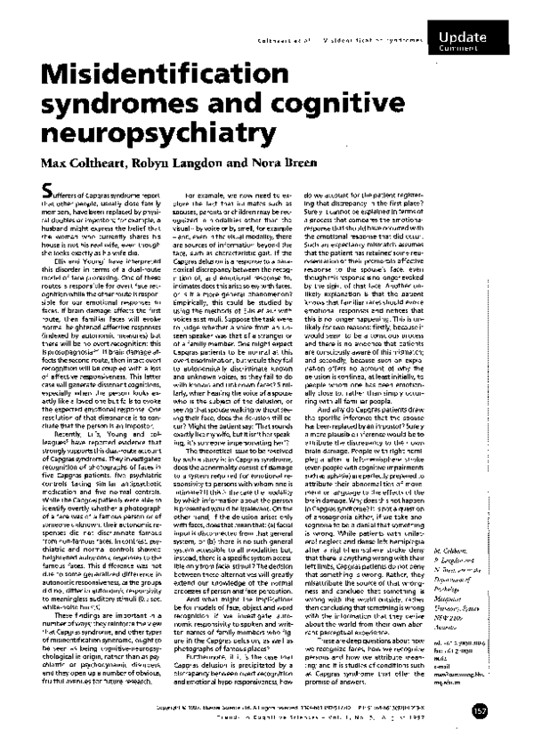 (PDF) Misidentification syndromes and cognitive neuropsychiatry