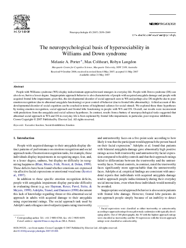 (PDF) The neuropsychological basis of hypersociability in Williams and ...