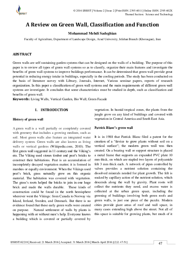 (PDF) A Review on Green Wall, Classification and Function