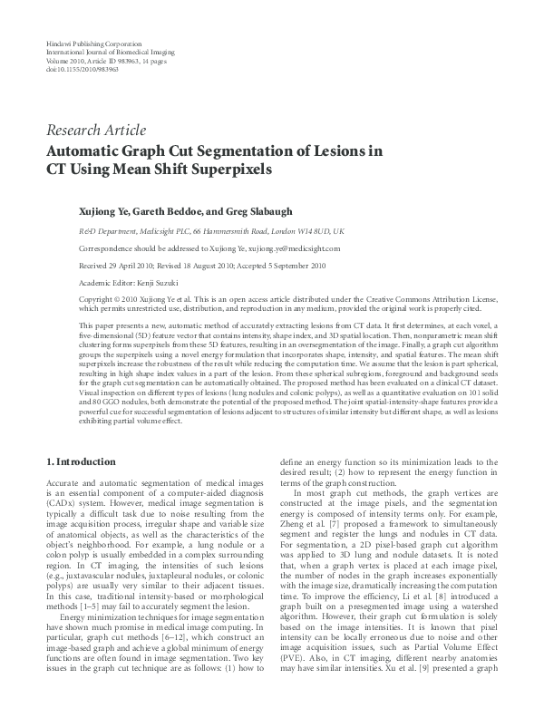 Pdf Automatic Graph Cut Segmentation Of Lesions In Ct Using Mean Shift Superpixels