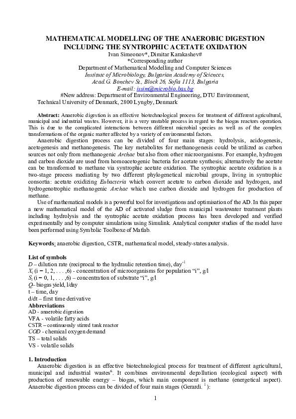 (PDF) Mathematical modelling of the anaerobic digestion includingthe ...