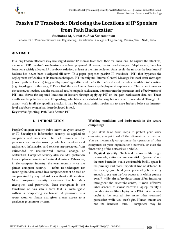 (PDF) Passive IP Traceback : Disclosing the Locations of IP Spoofers from Path Backscatter