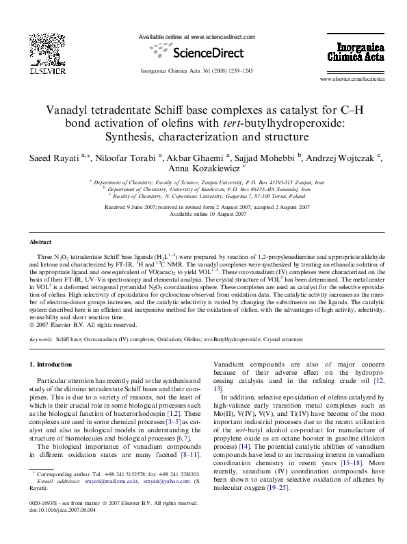 (PDF) Vanadyl tetradentate Schiff base complexes as catalyst for C–H bond activation of olefins ...