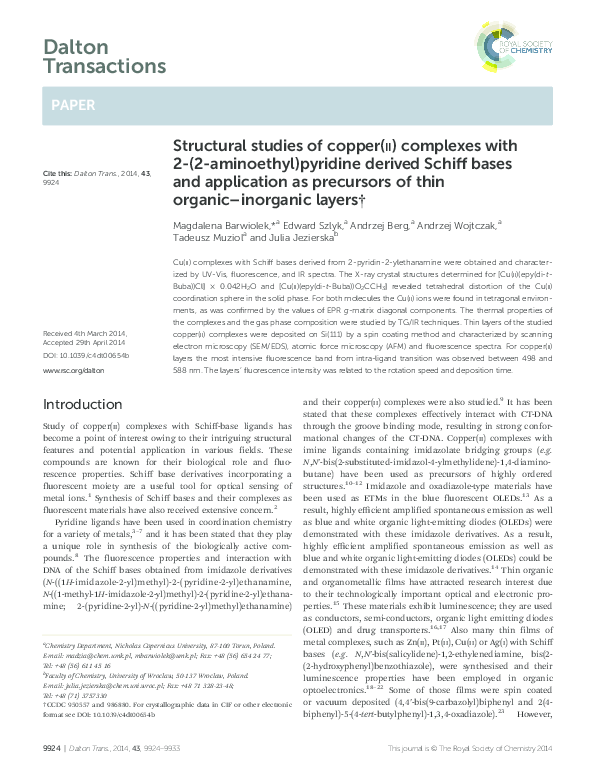 (PDF) Structural studies of copper(ii) complexes with 2-(2-aminoethyl)pyridine derived Schiff ...