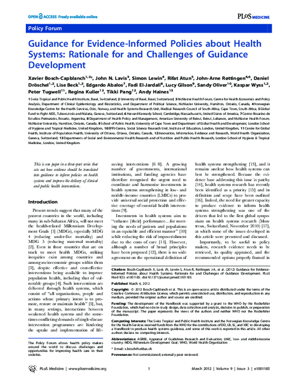 (PDF) Policy Forum Guidance for Evidence-Informed Policies about Health ...