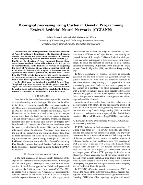 Pdf Bio Signal Processing Using Cartesian Genetic Programming Evolved Artificial Neural