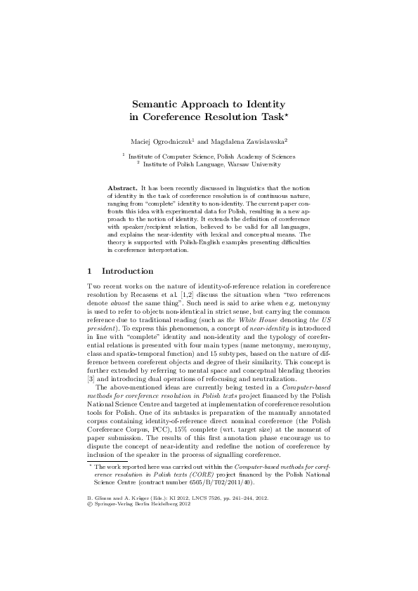 (PDF) Semantic Approach to Identity in Coreference Resolution Task