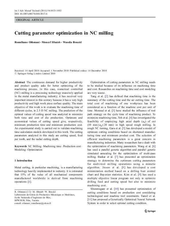 (PDF) Optimizing Cutting Parameters in NC Milling (PDF) Optimizing Cutting Parameters in NC Milling