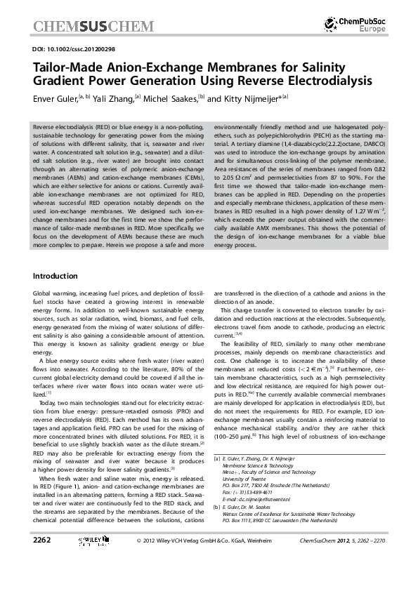 (PDF) Tailor-Made Anion-Exchange Membranes for Salinity Gradient Power Generation Using Reverse ...
