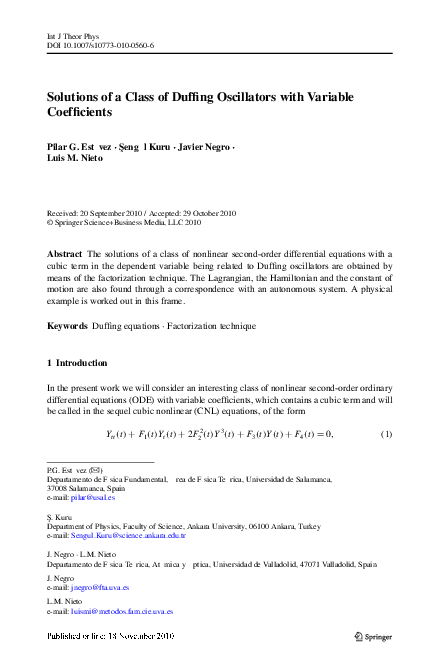 (PDF) Solutions of a Class of Duffing Oscillators with Variable Coefficients