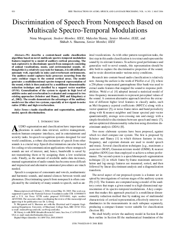 Pdf Discrimination Of Speech From Nonspeech Based On Multiscale Spectro Temporal Modulations
