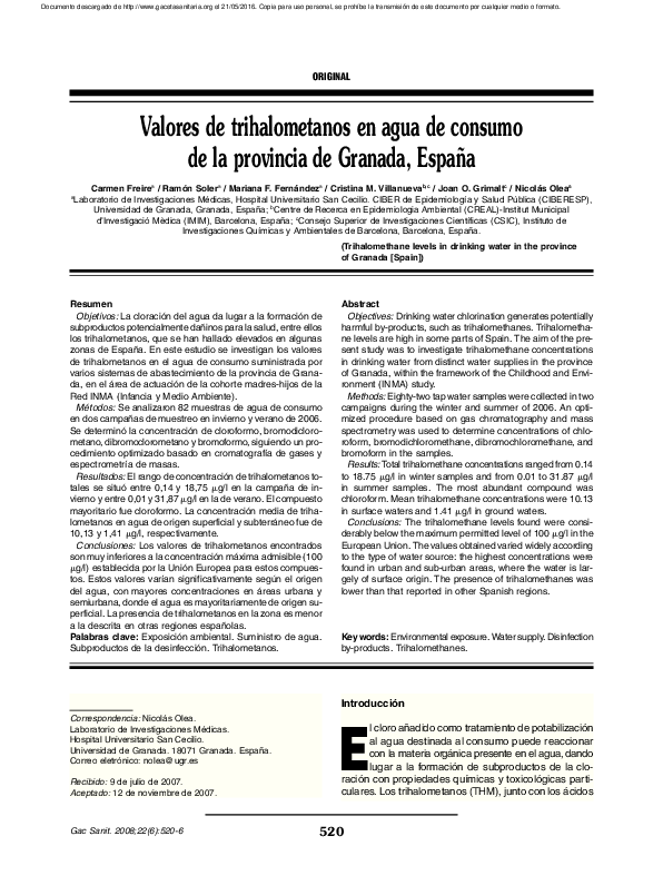 (PDF) Valores de trihalometanos en agua de consumo de la provincia de ...