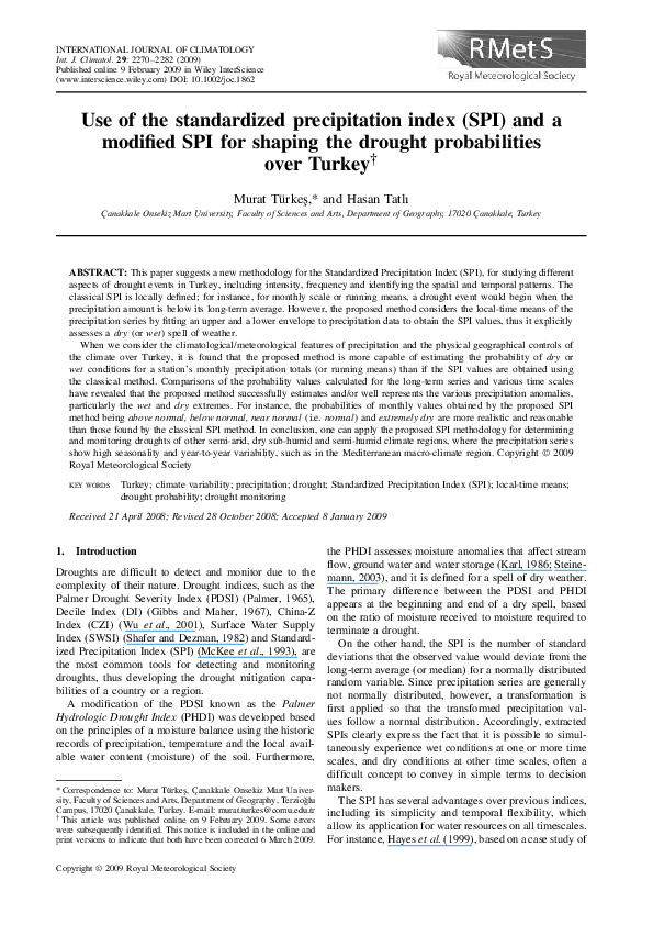 Pdf Use Of The Standardized Precipitation Index Spi And A Modified Spi For Shaping The