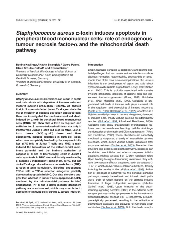 (PDF) Staphylococcus aureusalpha-toxin induces apoptosis in peripheral ...