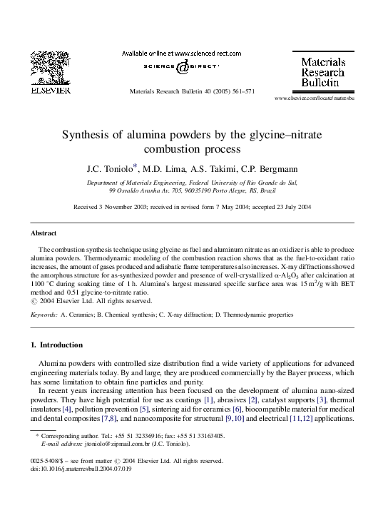 (PDF) Synthesis of alumina powders by the glycine–nitrate combustion ...