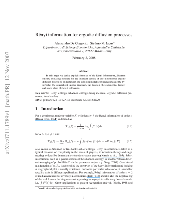 (PDF) On Rényi information for ergodic diffusion processes