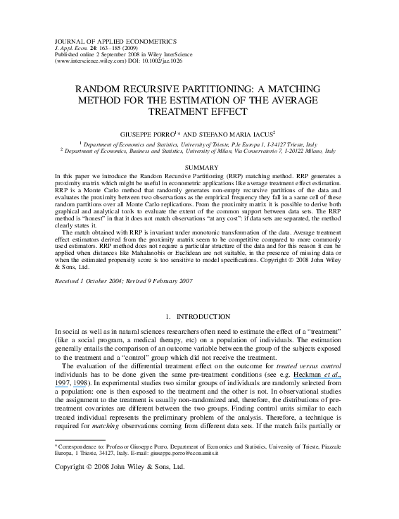 (PDF) Random Recursive Partitioning: a matching method for the estimation of the average ...