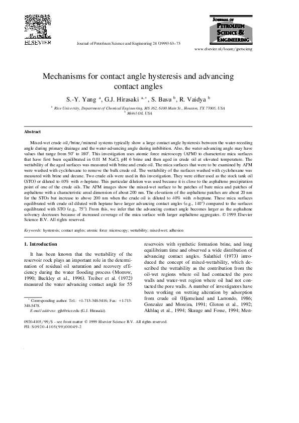 (PDF) Mechanisms for contact angle hysteresis and advancing contact angles