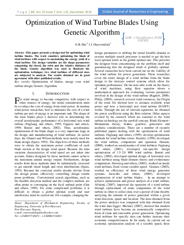 Pdf Optimization Of Wind Turbine Blades Using Genetic Algorithm