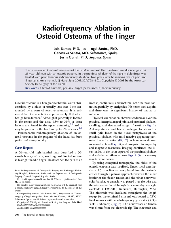 (PDF) Radiofrequency Ablation in Osteoid Osteoma of the Finger