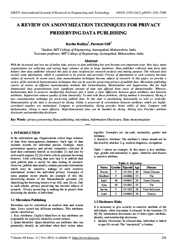 Pdf A Review On Anonymization Techniques For Privacy Preserving Data 3118
