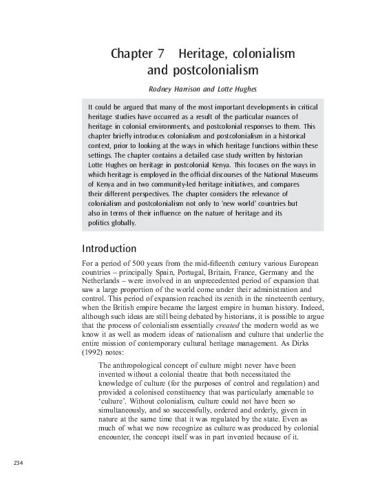 (PDF) Heritage, colonialism and postcolonialism