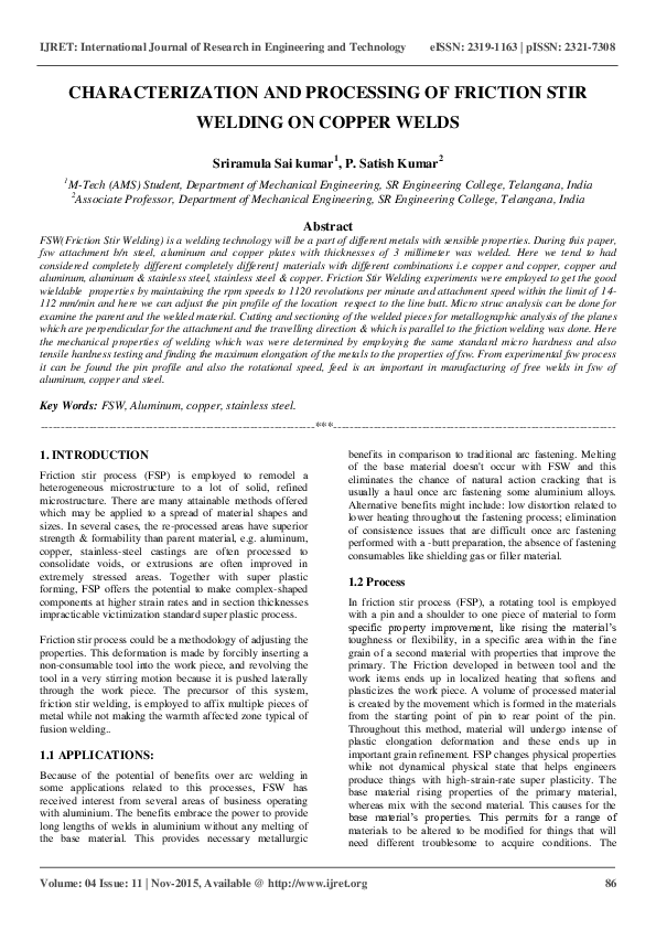 Pdf Characterization And Processing Of Friction Stir Welding On Copper Welds