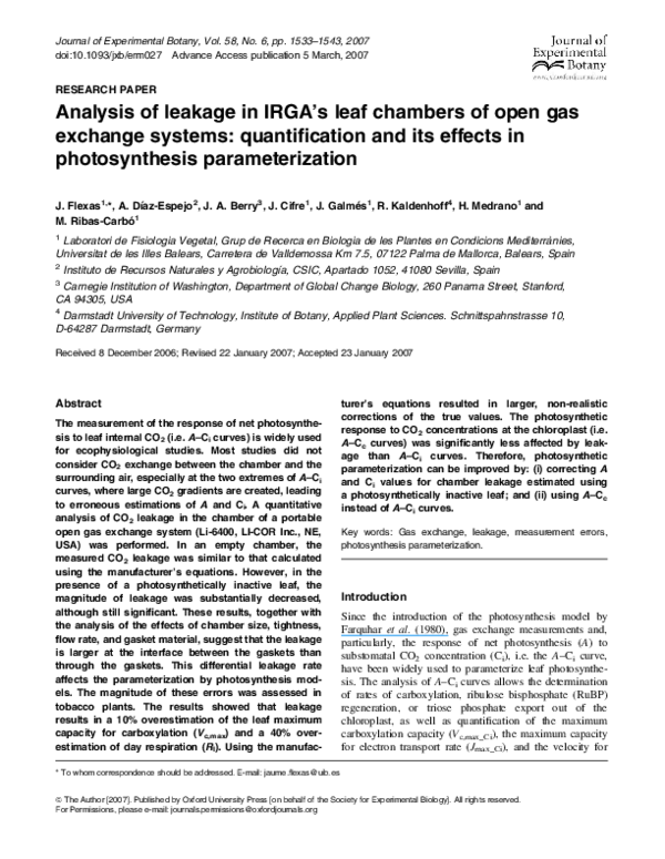 (PDF) Analysis of leakage in IRGA's leaf chambers of open gas exchange ...