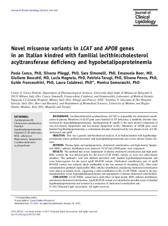 (PDF) Novel missense variants in LCAT and APOB genes in an Italian ...