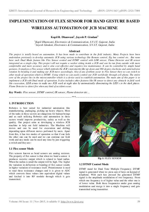 Pdf Implementation Of Flex Sensor For Hand Gesture Based Wireless Automation Of Jcb Machine
