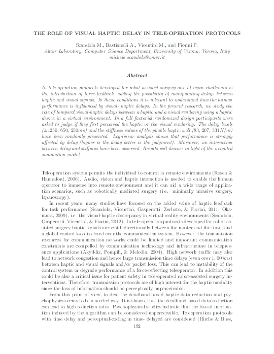 (PDF) The role of visual haptic delay in tele-operation protocols | Marco Vicentini - Academia.edu