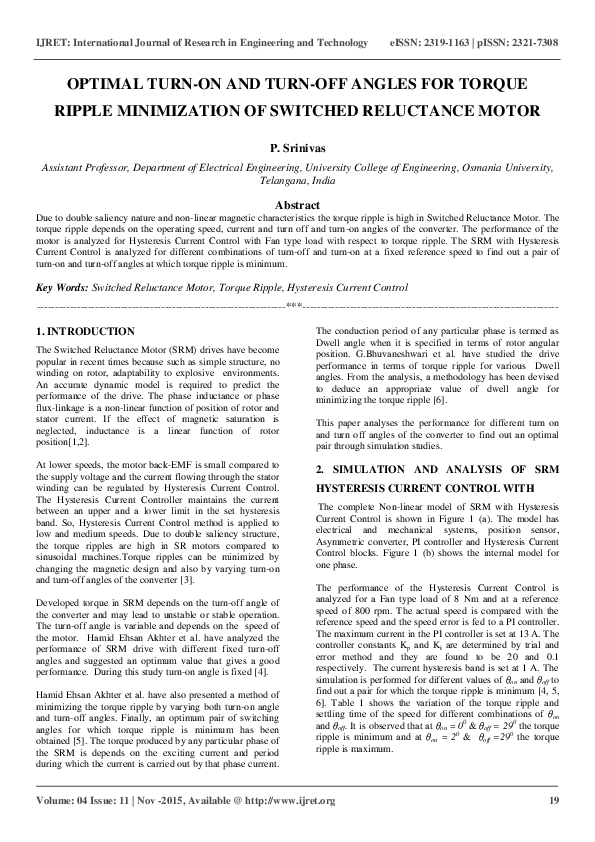 Pdf Optimal Turn On And Turn Off Angles For Torque Ripple Minimization Of Switched Reluctance