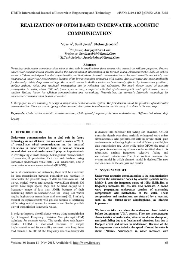 Pdf Realization Of Ofdm Based Underwater Acoustic Communication