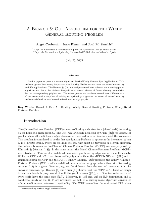 Pdf A Branch And Cut Algorithm For The Windy General Routing Problem And Special Cases Angel