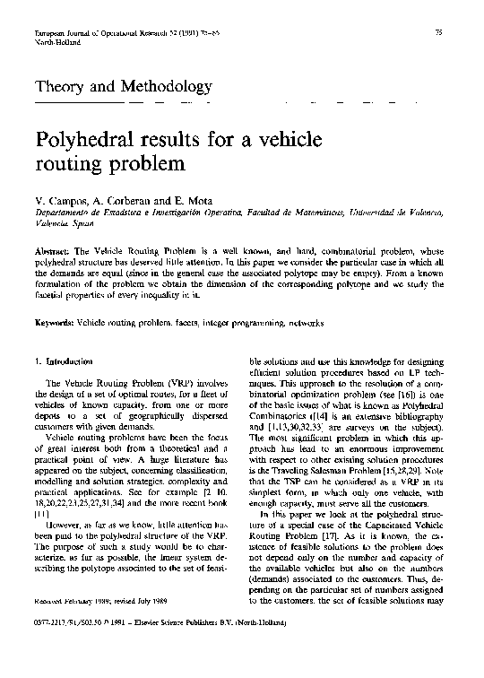 (PDF) Polyhedral results for a vehicle routing problem | Angel Corberán - Academia.edu