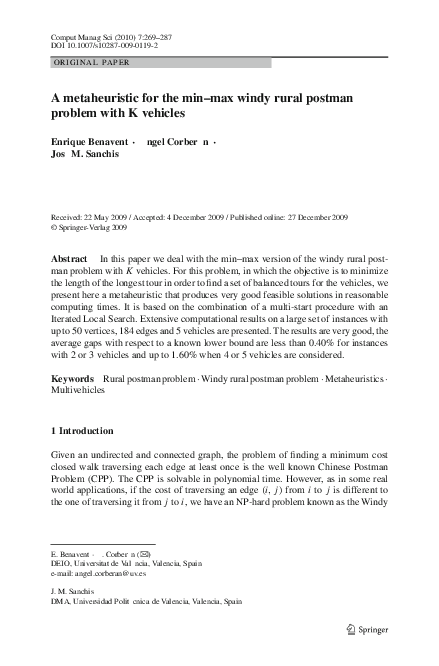 (PDF) A metaheuristic for the min–max windy rural postman problem with K vehicles