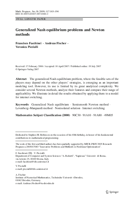 (PDF) Generalized Nash equilibrium problems and Newton methods